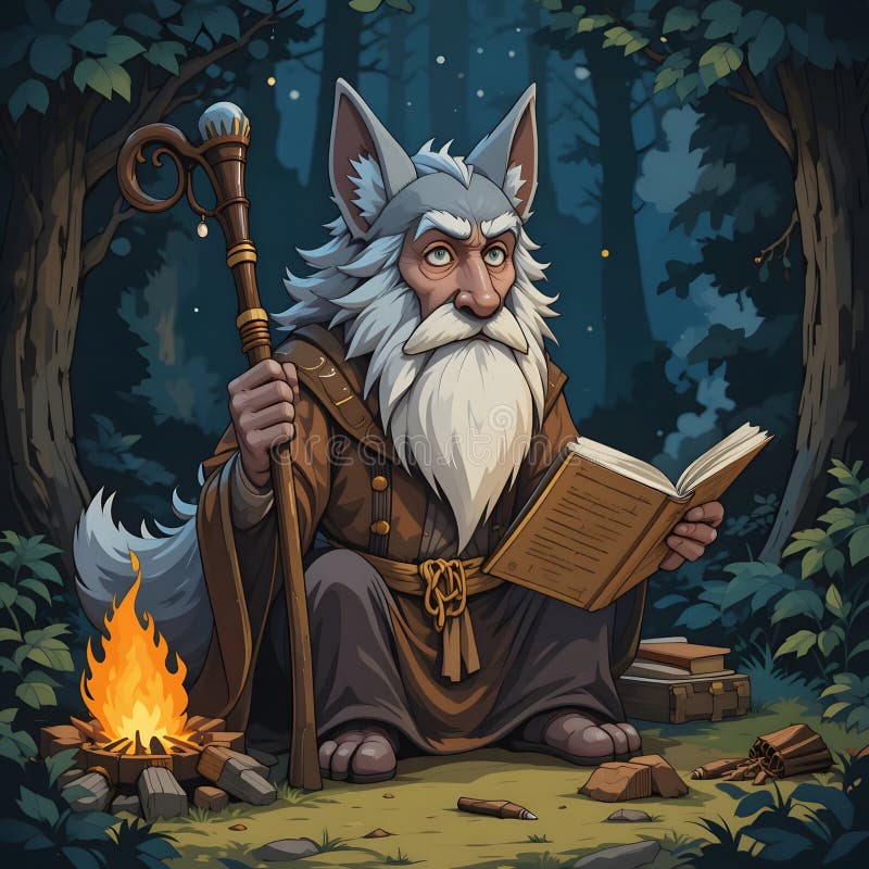 Forest Elder: a Wise Wolf Shaman Reading by the Campfire Stock ...