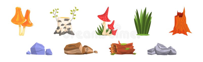 Forest Element and Outdoor Environment Object with Tree Stump, Stone ...