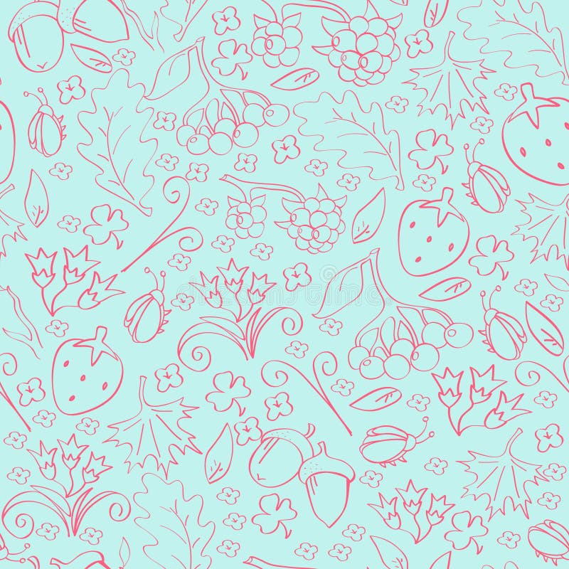 Forest Elements Blue Pattern Stock Illustration - Illustration of flora ...