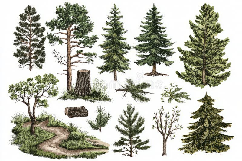 Forest Elements, Featuring Tall Pines, Leafy Oaks, and Winding Forest ...