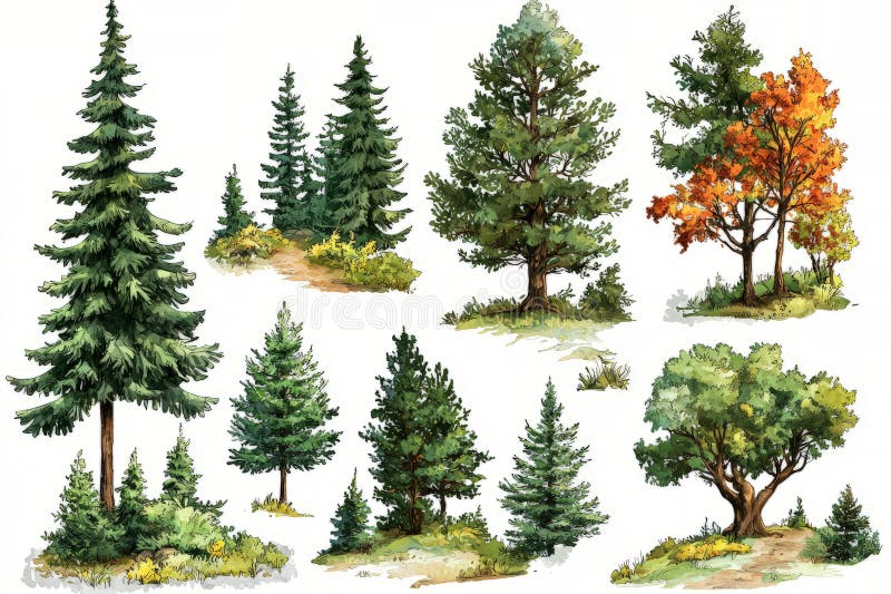 Forest Elements, Featuring Tall Pines, Leafy Oaks, and Winding Forest ...