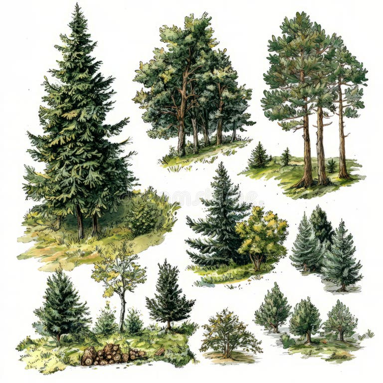 Forest Elements, Featuring Tall Pines, Leafy Oaks, and Winding Forest Paths, Isolated on White ...