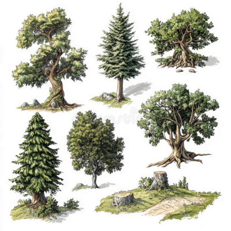 Forest Elements, Featuring Tall Pines, Leafy Oaks, and Winding Forest ...