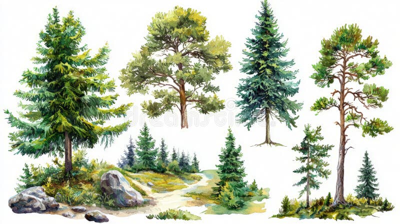 Forest Elements, Featuring Tall Pines, Leafy Oaks, and Winding Forest ...
