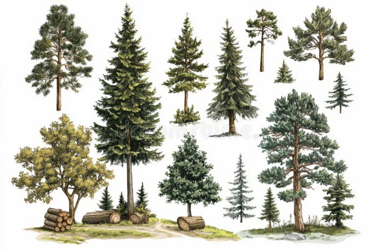 Forest Elements, Featuring Tall Pines, Leafy Oaks, and Winding Forest Paths, Isolated on White ...