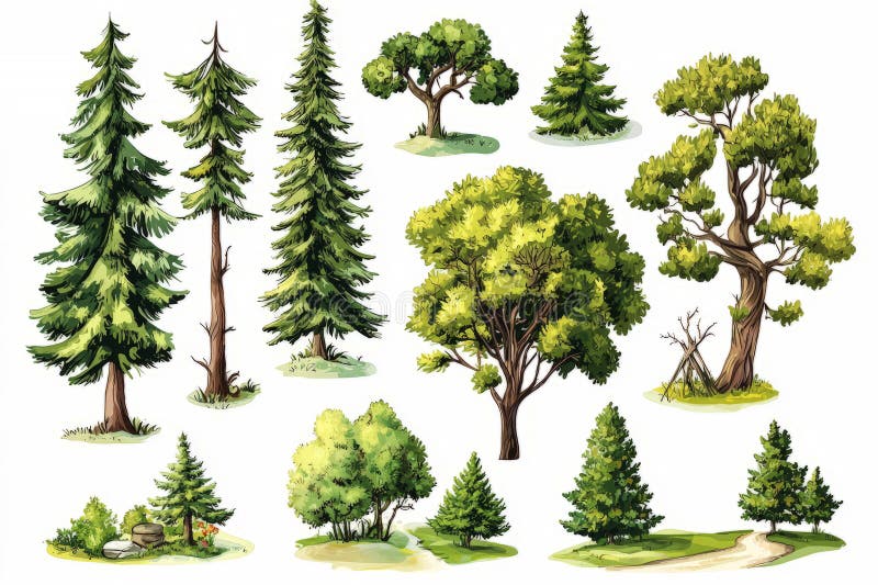 Forest Elements, Featuring Tall Pines, Leafy Oaks, and Winding Forest ...
