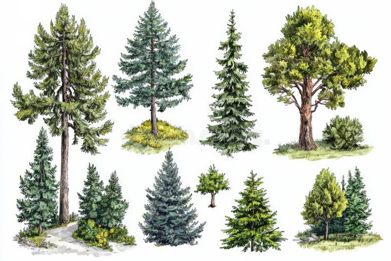 Forest Elements, Featuring Tall Pines, Leafy Oaks, and Winding Forest ...