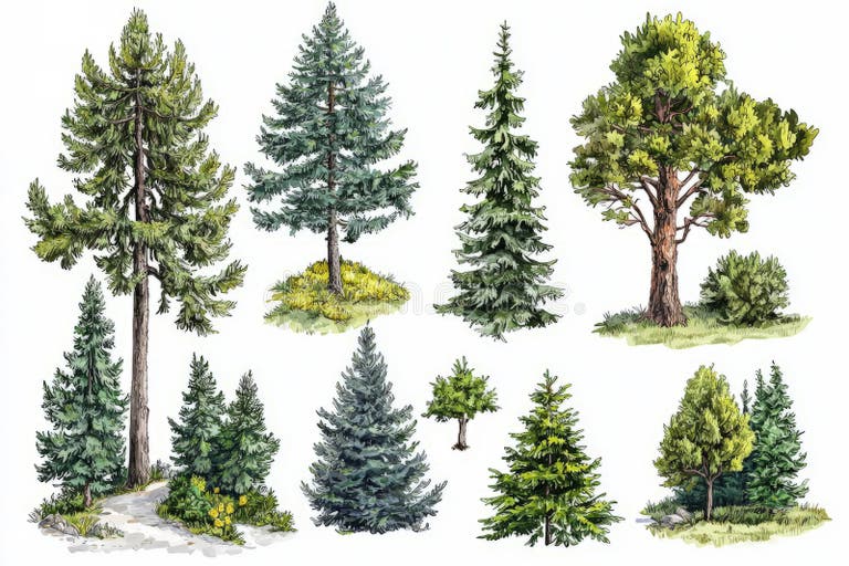 Forest Elements, Featuring Tall Pines, Leafy Oaks, and Winding Forest Paths, Isolated on White ...