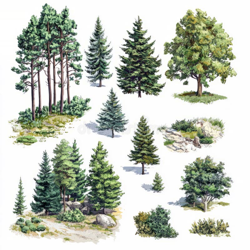 Forest Elements, Featuring Tall Pines, Leafy Oaks, and Winding Forest ...