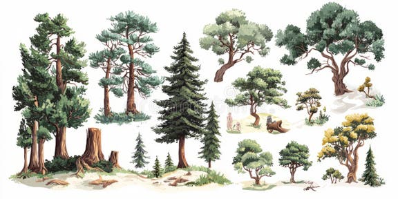 Forest Elements, Featuring Tall Pines, Leafy Oaks, and Winding Forest Paths, Isolated on White ...