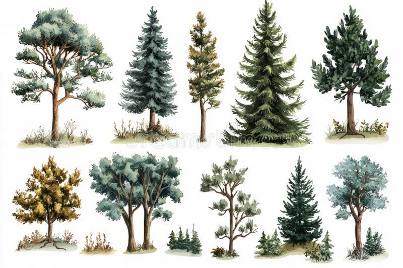 Forest Elements, Featuring Tall Pines, Leafy Oaks, and Winding Forest ...