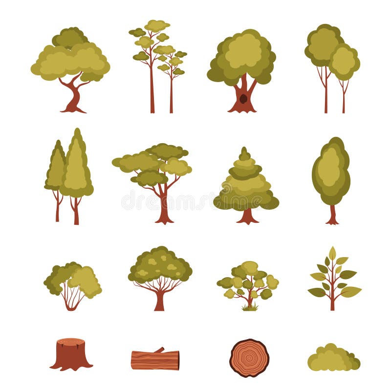 Forest Elements Set with Trees Bushes Plants Log and Stump Isolated Vector Illustration Stock ...