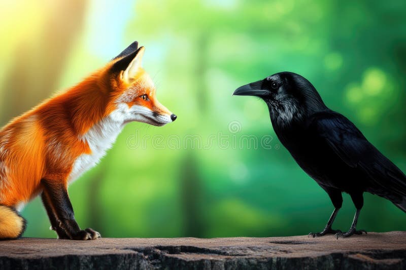 Forest Encounter: Curious Fox and Mysterious Crow Face Off in Nature ...