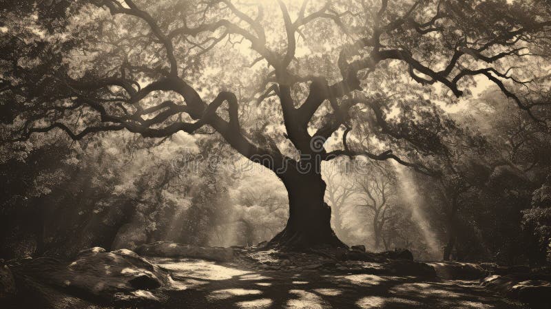 Forest engraved oak tree stock image. Image of forest - 375792211