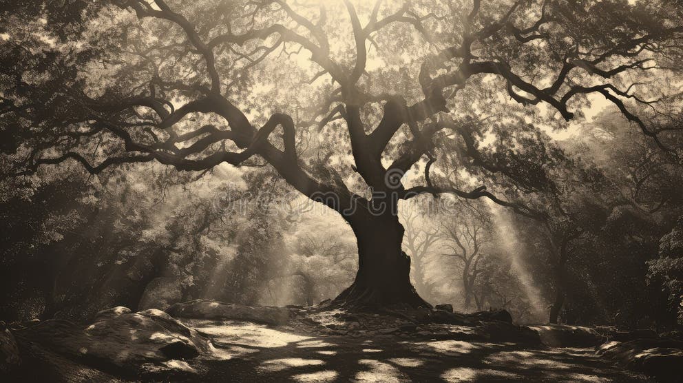 Forest engraved oak tree stock image. Image of forest - 375792211