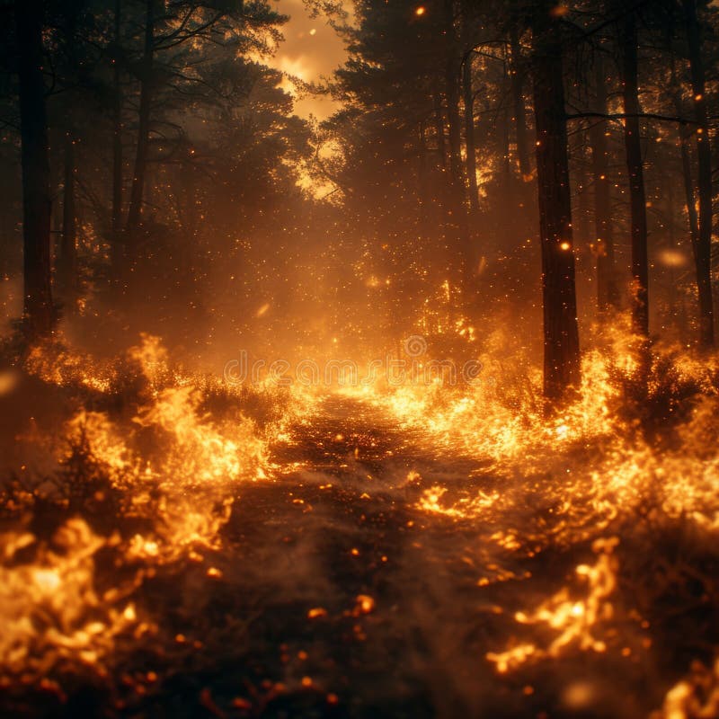 A Forest Engulfed in Flames Creating a Dramatic Scene. the Glowing Fire ...