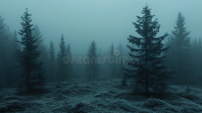 A Forest of Evergreen Trees in a Foggy Area, AI Stock Photo - Image of ...