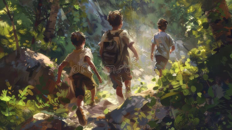 Forest Expedition: Three Young Explorers Embark on an Adventure Stock ...