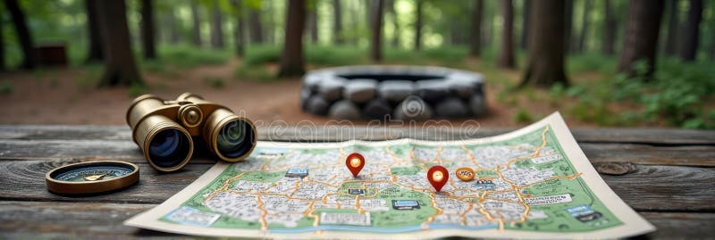 Forest Exploration Setup with Map, Binoculars, and Compass on Wooden ...