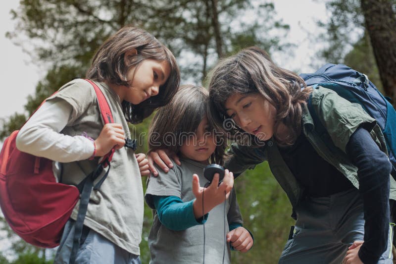 Forest Exploration: Three Children Using a Compass To Navigate and Find ...