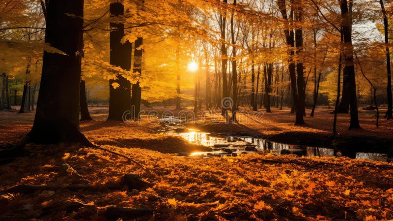 Forest falling gold stock illustration. Illustration of trunks - 375743040