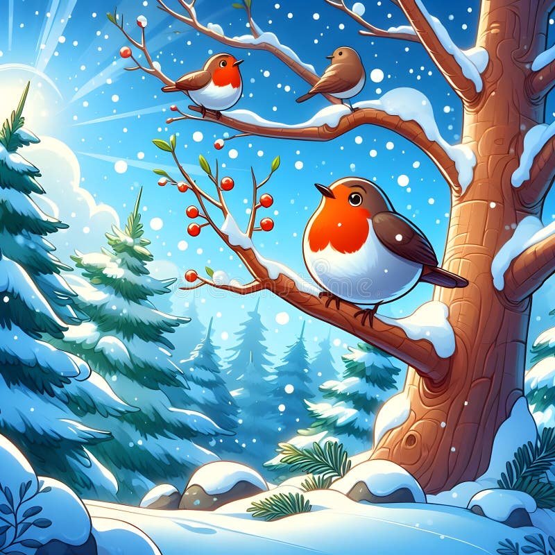 Forest Falling Snow Red Capped Robin Bird Sitting on Tree. Blue Sky ...