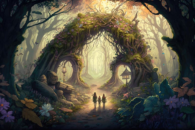 Forest Filled with Trees and Flowers, with Elves at Work Stock ...