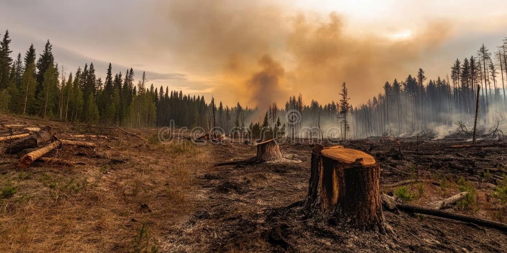 Forest Fire Aftermath with Burning Remnants and Smoke in Distant Sky ...
