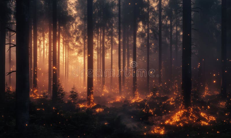 Forest Fire Aftermath with Glowing Embers, Smoke, and Trees Stock Photo ...