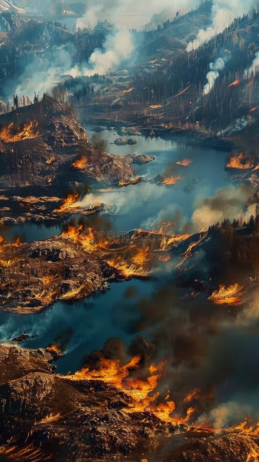 Forest Fire Around a Lake, with Smoke and Flames Consuming the ...