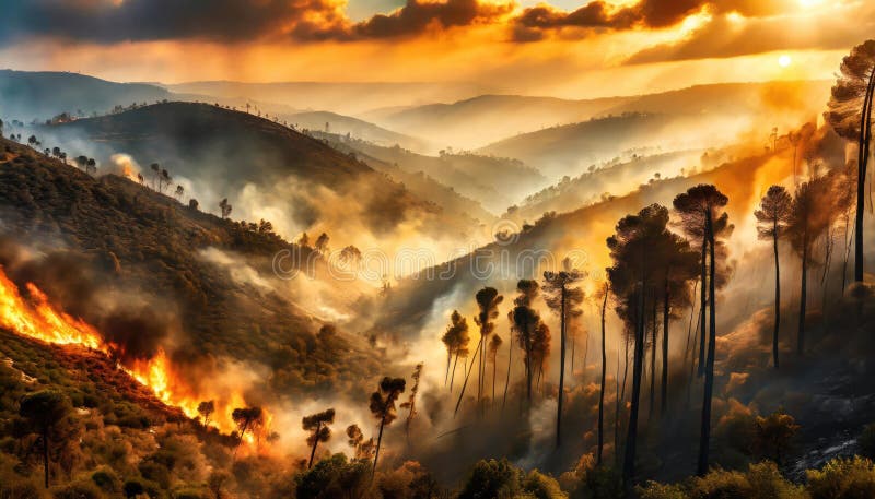 A Forest Fire is Being Extinguished by Spraying Water from a Hose Stock ...