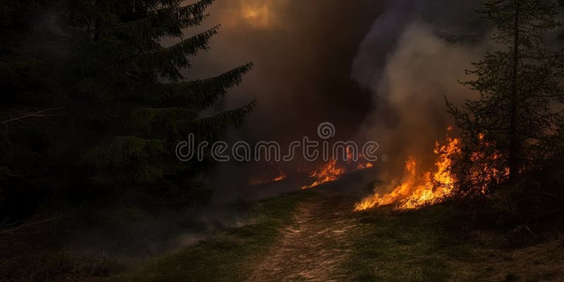 Forest Fire Blaze and Thick Smoke Rising in a Pine Forest Wilderness ...