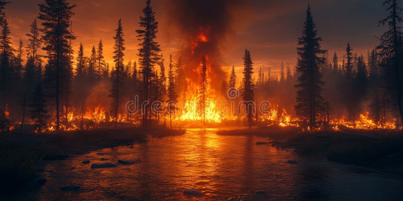 Forest Fire Blazing Near a River at Sunset, Symbolizing the Devastating ...