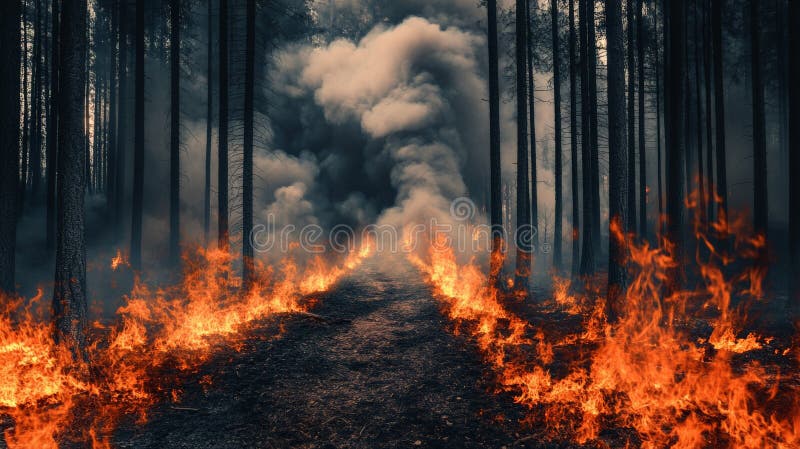 Forest Fire Burning Along Path Generating Huge Clouds of Smoke Stock ...
