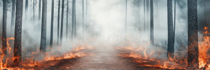 Forest Fire Burning Along a Path Surrounded by Trees and Smoke Stock ...