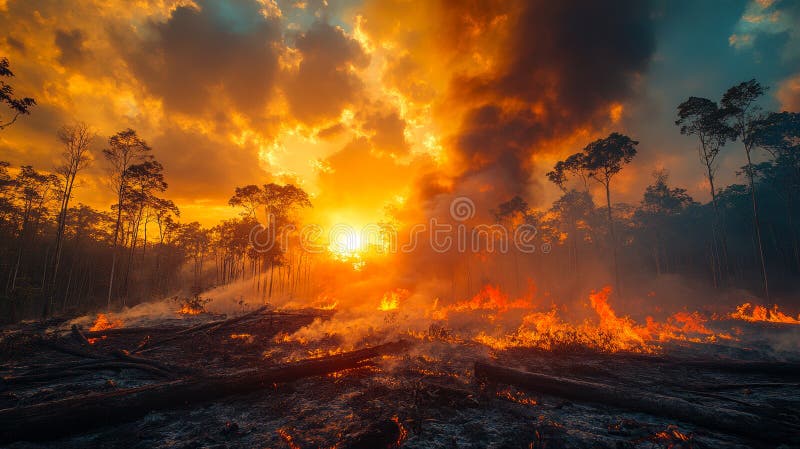 A Forest Fire is Burning in the Distance, with the Sun Setting in the ...