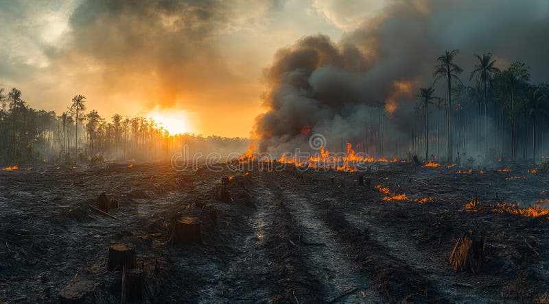 A Forest Fire is Burning in the Distance, with the Sun Setting in the ...