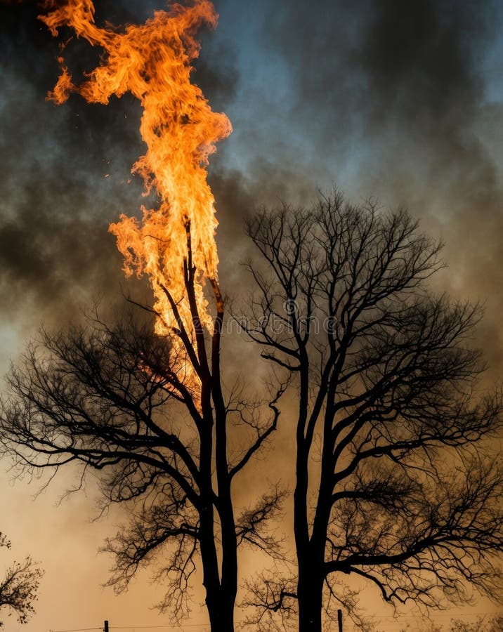 Forest Fire Burning Flames and Silhouettes. Stock Image - Image of ...
