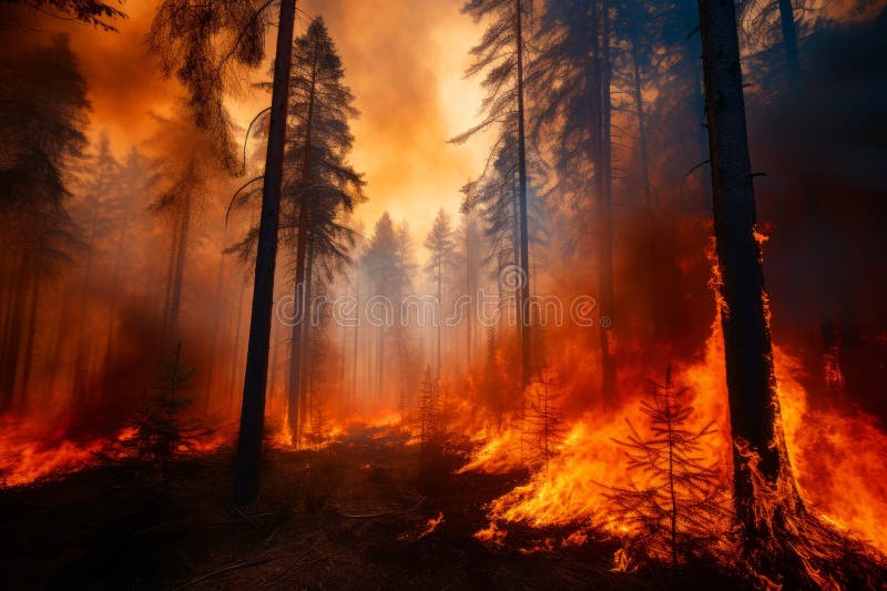 Forest Fire Burning in the Forest with Glowing Flames and Billowing ...