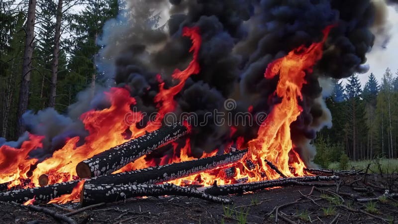 Forest Fire with Burning Logs and Thick Smoke, Environmental Disaster ...