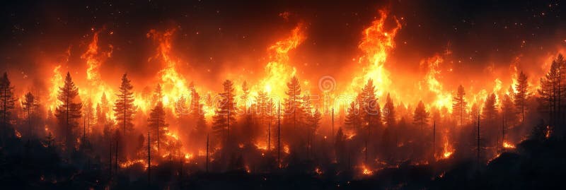 Forest Fire Burning at Night Causing Huge Flames and Lots of Smoke ...