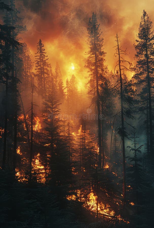 Forest Fire Burning through Pine Forest at Sunset. Stock Photo - Image ...