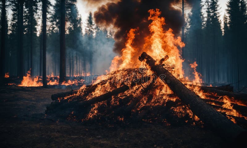 Forest Fire in the Forest. Burning Pine Trees in the Forest. Stock ...