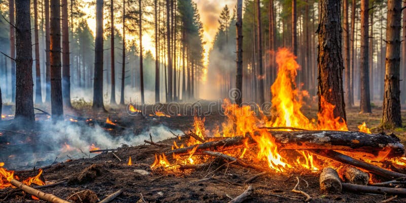 Forest Fire Burning Pine Trees in the Forest at Sunset Natural Disaster ...