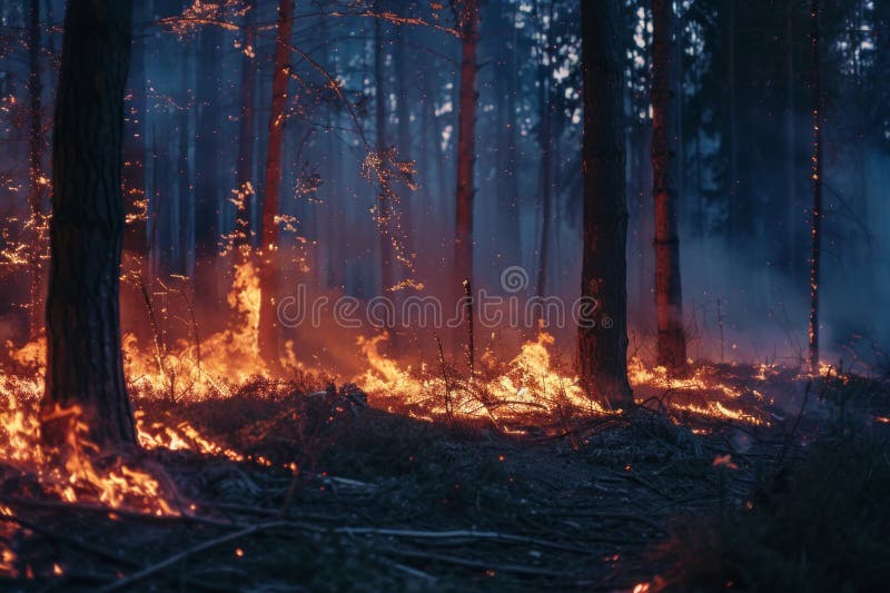 Forest Fire Burning in a Pine Forest. Wildfire in the Forest Stock ...