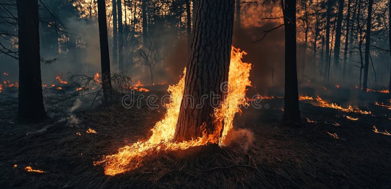 Forest Fire Burning Tree Trunks, Concept of Environmental Destruction ...