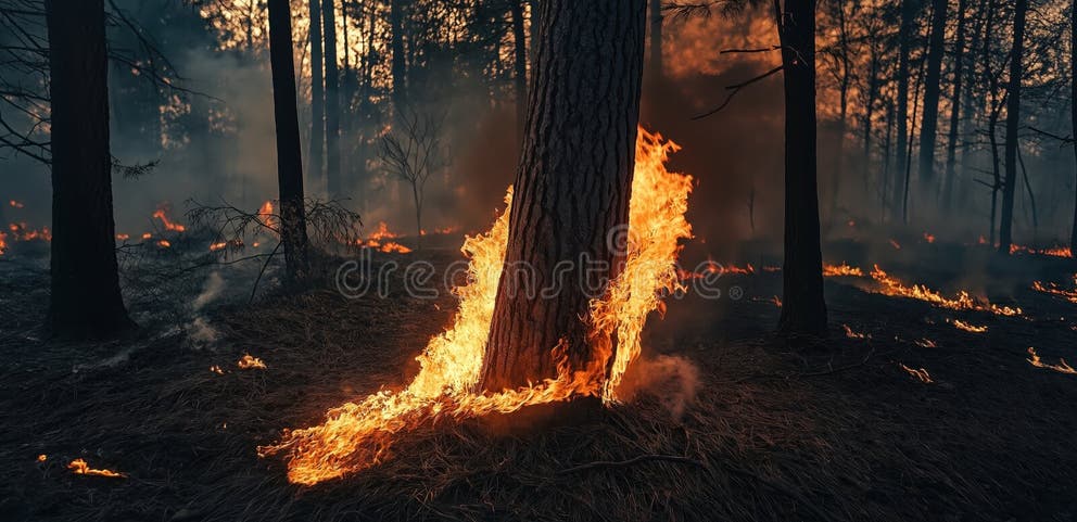 Forest Fire Burning Tree Trunks, Concept of Environmental Destruction ...