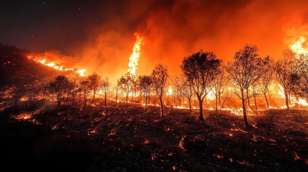 Forest Fire Burning Trees on a Hillside at Night Stock Illustration ...