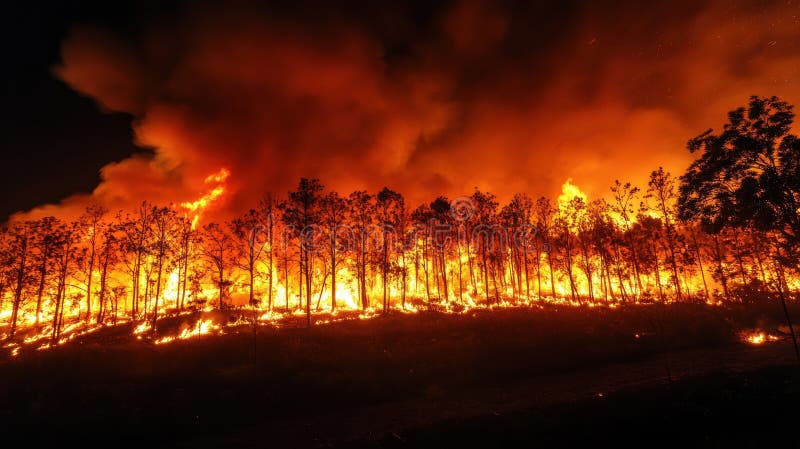 Forest Fire Burning Wildly at Night, Destroying Trees and Spreading ...