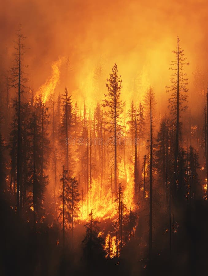 A Forest Fire Burns through the Dense Foliage of Trees, Releasing Smoke ...